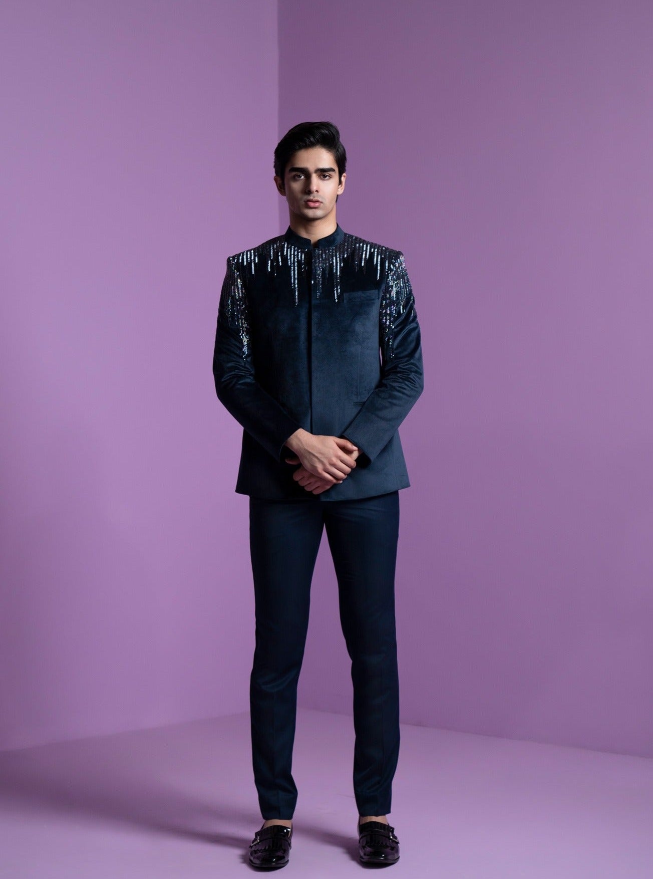 Astral Prism Bandhgala Set | Blue Tuxedo for Men | Contrast by Parth ...