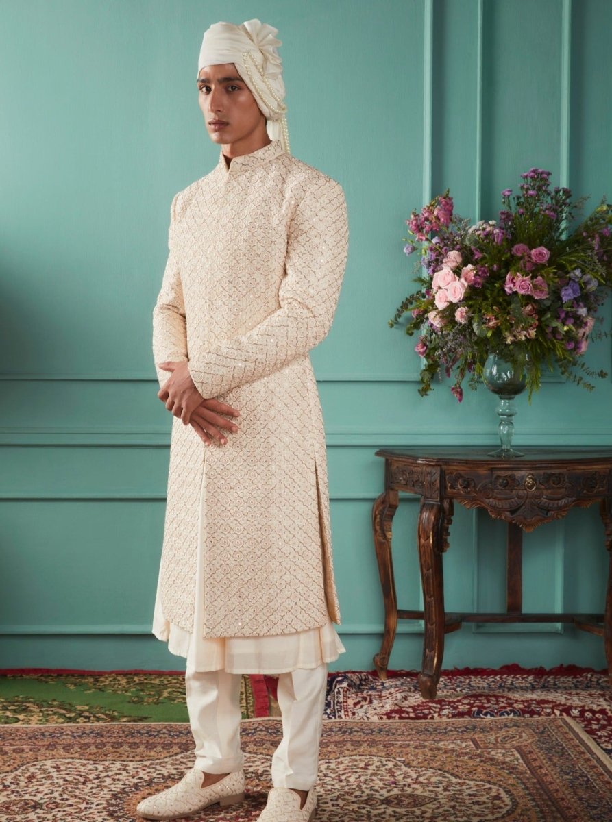 Pearled Ivory Sherwani Set | Bindani by Jigar and Nikita – B Anu Designs