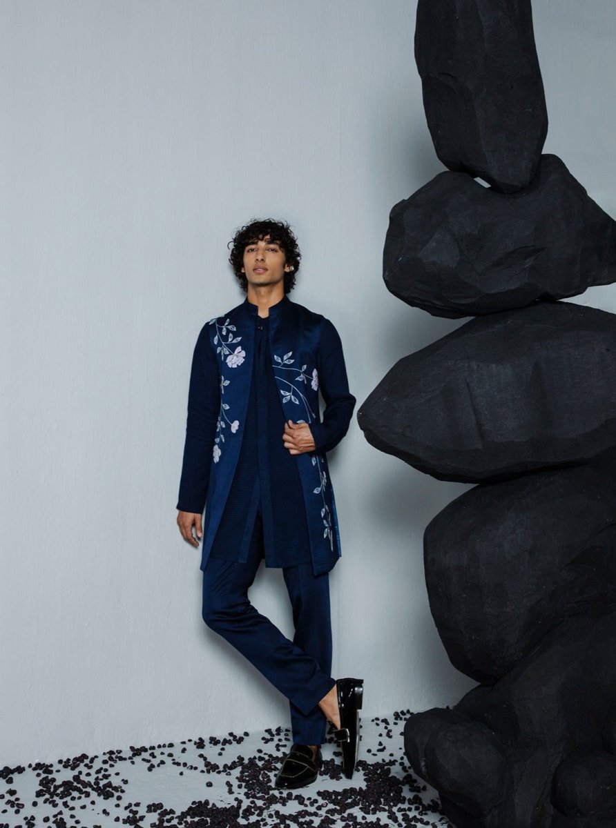 Navy Handpaint Shrug Set | Blue Shrug Set for Men | Contrast by Parth ...