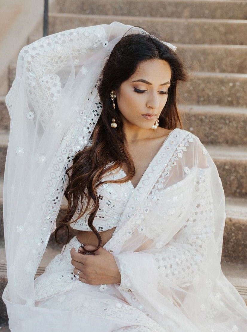 Mirror Work Lengha: Off shoulder lehenga in baby pink – B Anu Designs