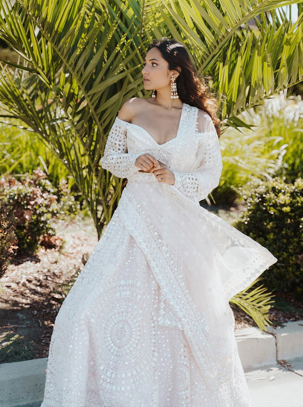 Mirror Work Lengha: Off shoulder lehenga in baby pink – B Anu Designs