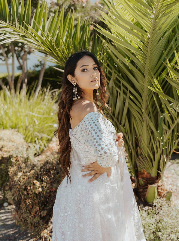 Mirror Work Lengha: Off shoulder lehenga in baby pink – B Anu Designs