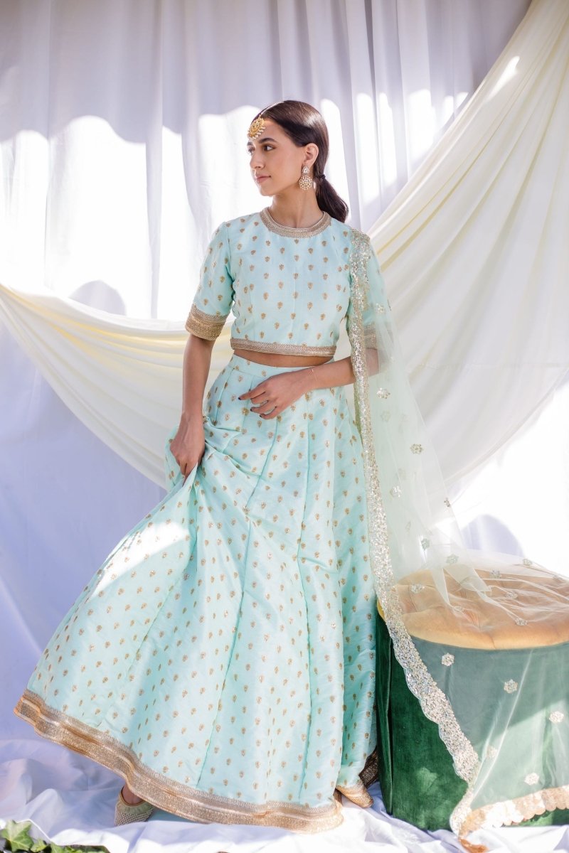 Pastel Blue Lehenga: Raw silk monochrome zardosi work lengha – B Anu ...