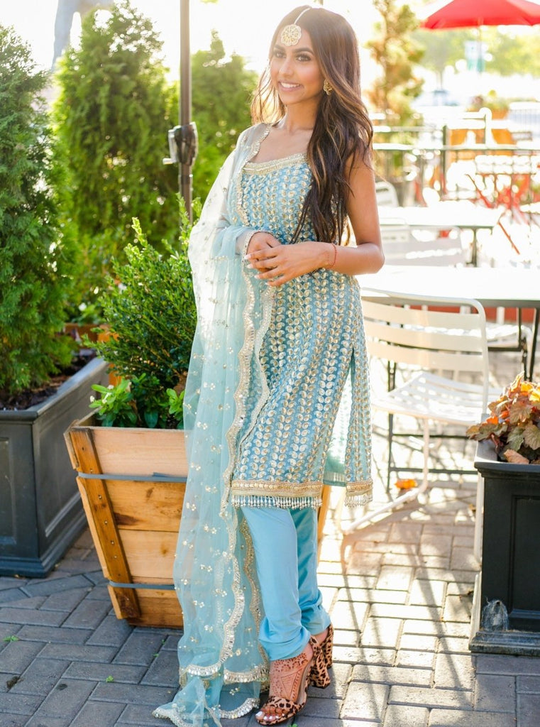 Suit Churidar: Sky Blue Spaghetti Strap Kurti with sequin embroidery ...
