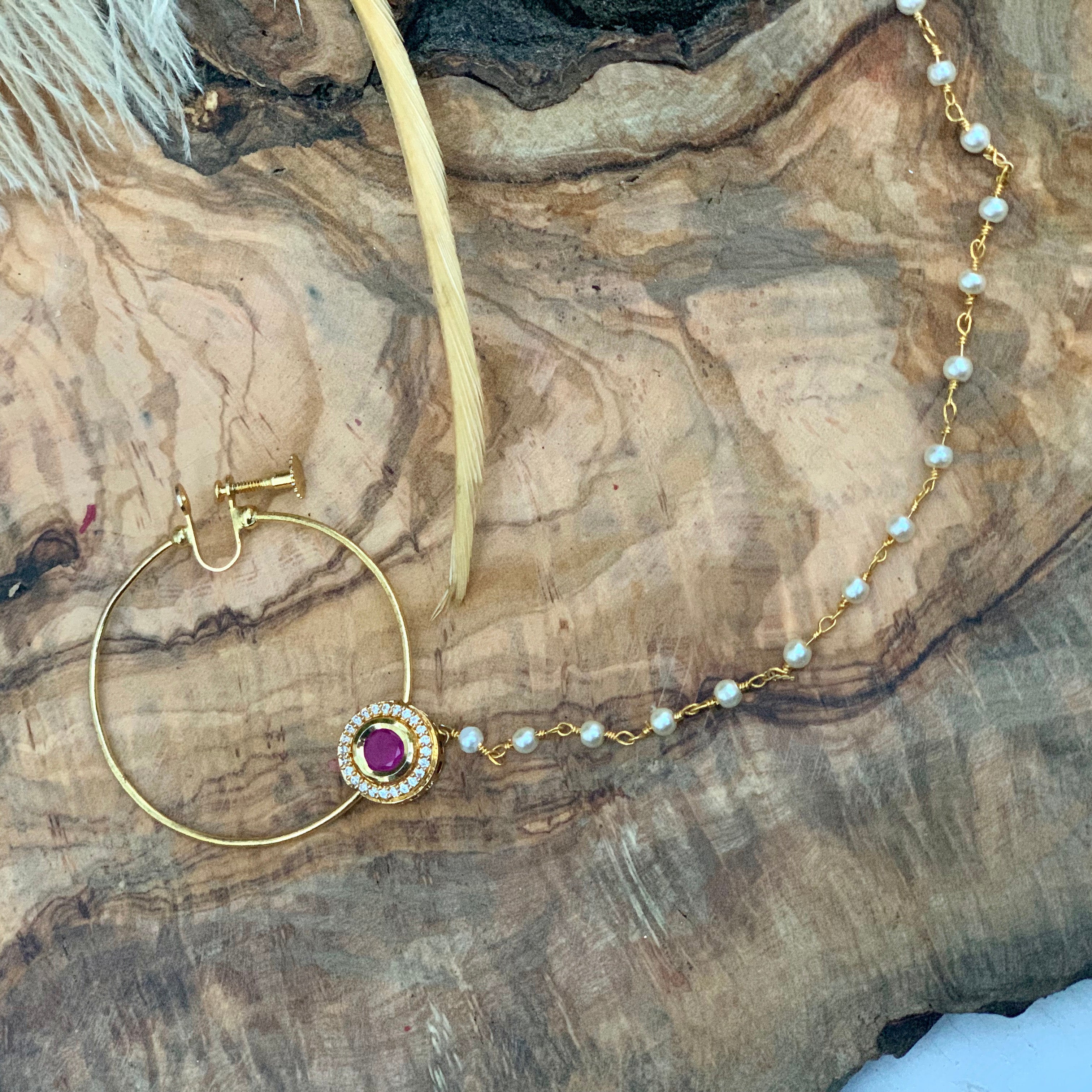 Layla Ruby, Kundan and Pearl Nose Ring / Nath – B Anu Designs